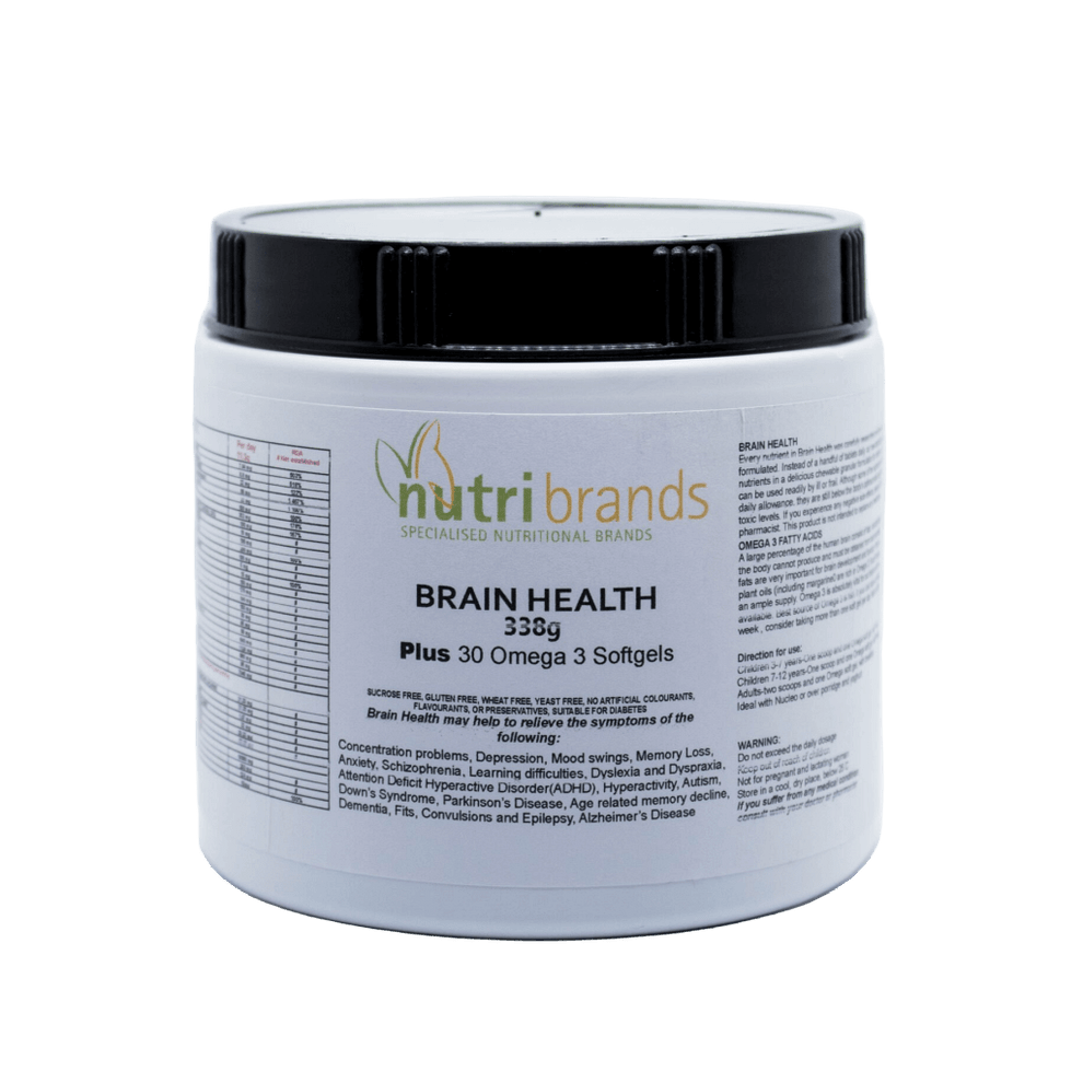 Brain Health Boost (338g) plus 30 Omega 3 fish oil soft gels – Nutribrands